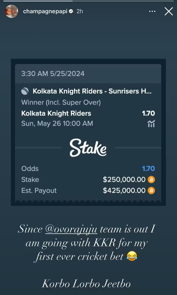 IPL 2024 Final: Rapper Drake places Rs 2 Crore Bet on KKR ahead of ...